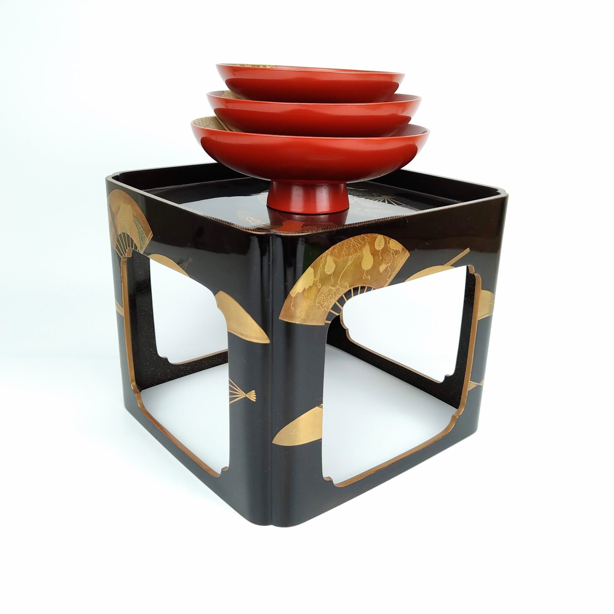 japanese antique Gold lacquer 3 sake cups with stand,design of fan ...