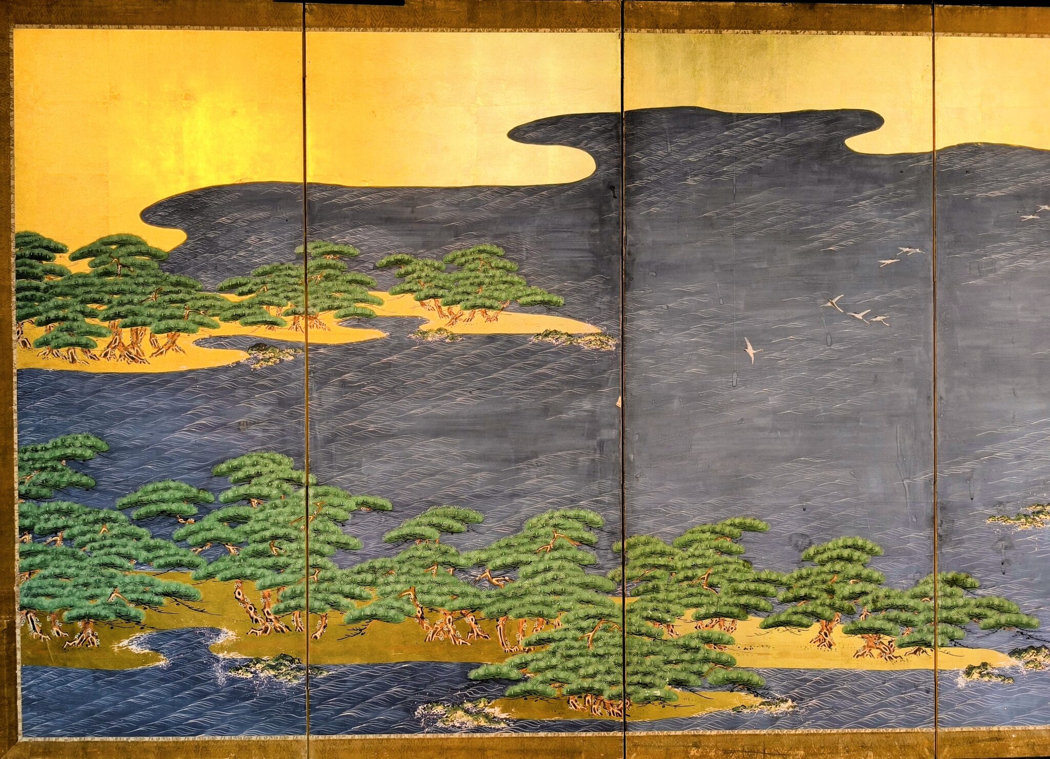 japanese antique 6 hold paper screen painted in ink and color on a gold ...