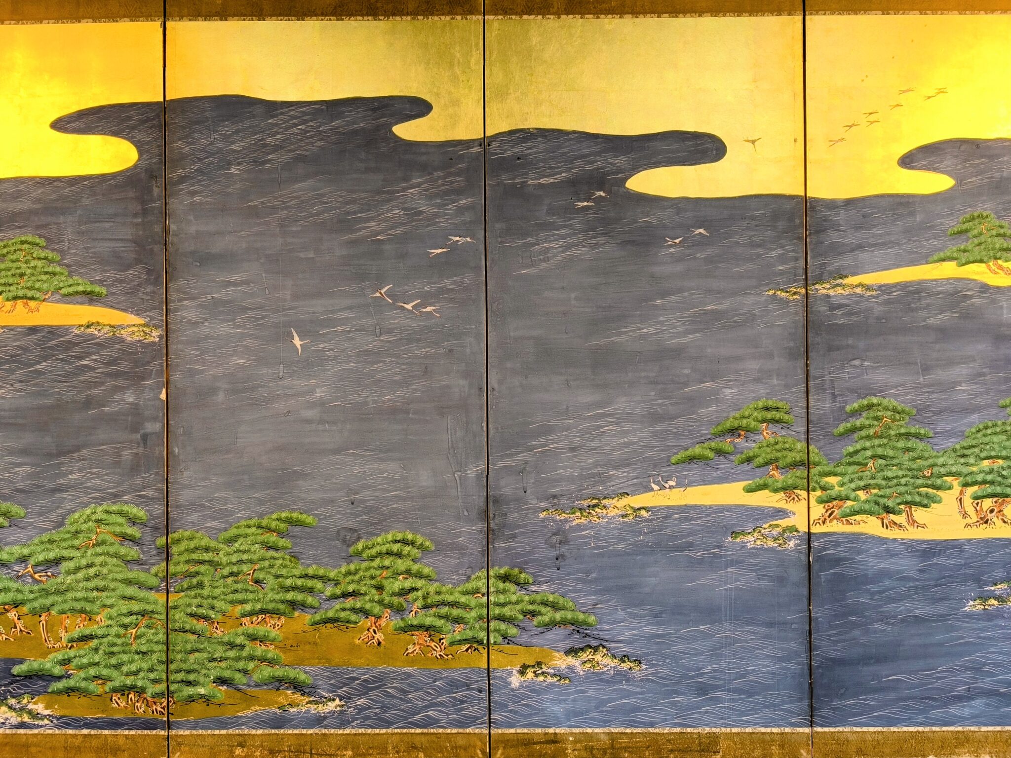 japanese antique 6 hold paper screen painted in ink and color on a gold ...